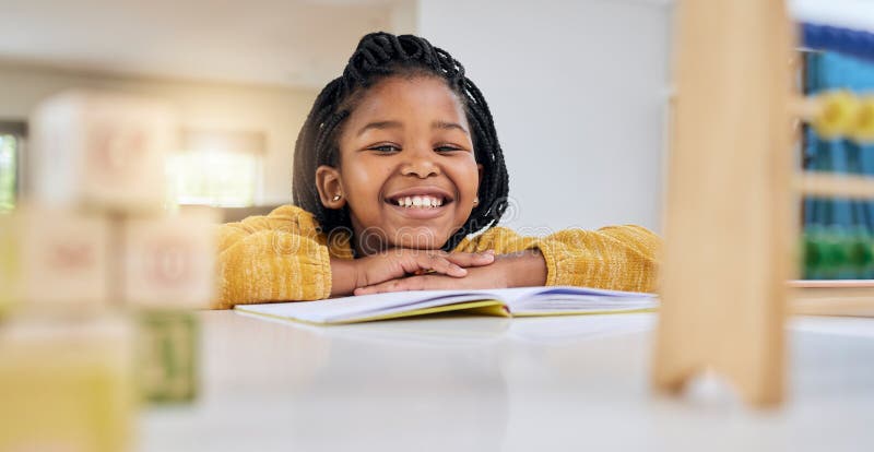 Education, Child and Girl Writing at Table for Homework, Lesson and ...