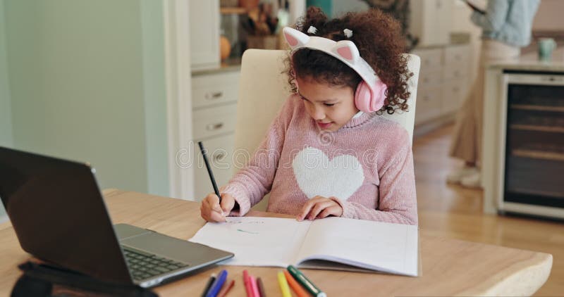 Education, Child and Laptop at Table for Class, Online Maths Lesson and ...