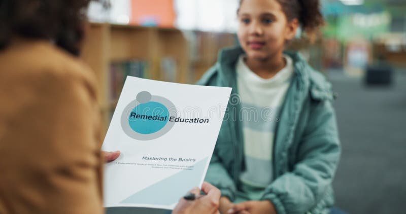 Education, Child and Talking of Teacher, Library and Help for Girl with ...