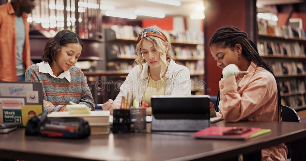 Education, College and Friends with Women in Library for Assignment ...