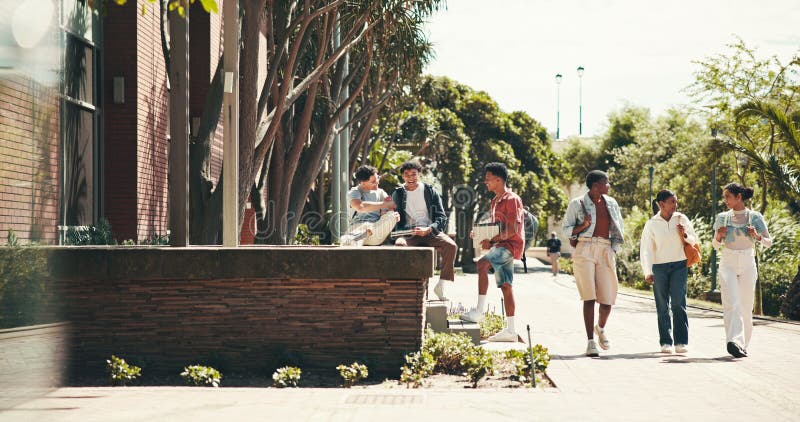 Education, College and Walking with Student Friends Outdoor Together ...