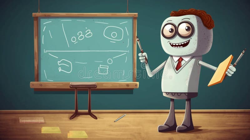 Cute Cartoon Robot Teacher with Chalkboard in Classroom. Stock ...