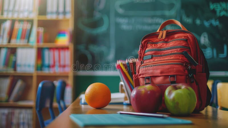 Education Concept with Backpack, Healthy Snacks and Writing Materials ...