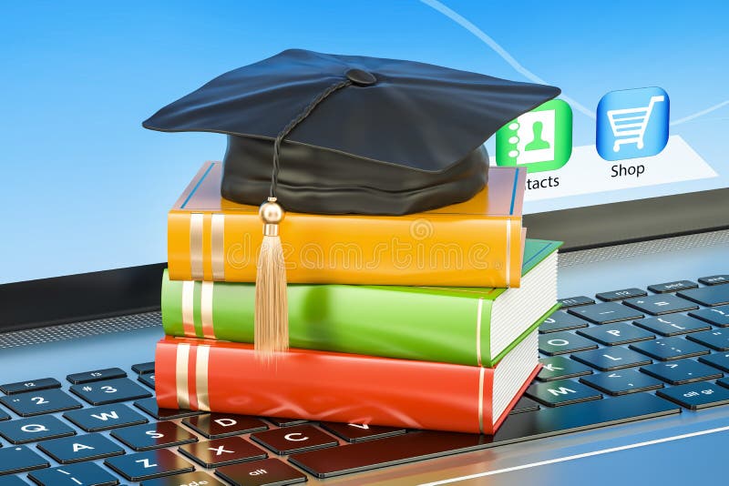 Education Concept, Books with Graduation Cap on Laptop Keyboard, 3D ...