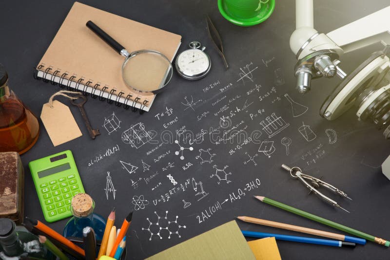 Education Concept - Books, Microscope and Science Sketch on the ...