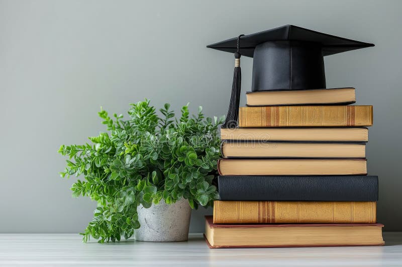 Education Concept. Books Stack with Graduation Cap. Green Plant in Pot ...