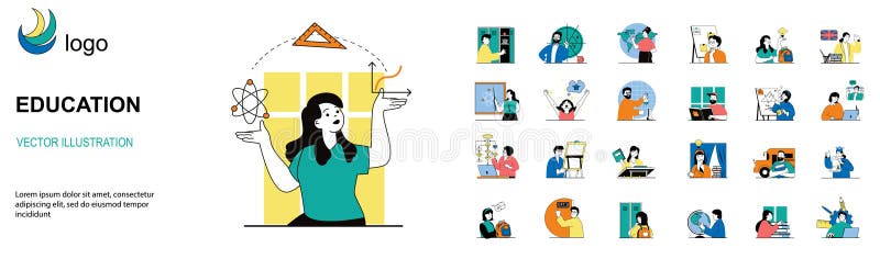 Education Concept with Character Situations Mega Set. Bundle of Scenes ...