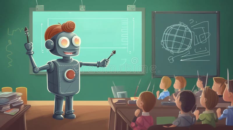 3D Rendering of Cute Robot Teacher and Students in Classroom. Stock ...