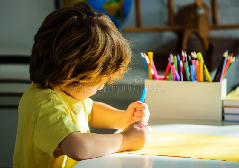 Education Concept. Elementary School. Child Boy Write Homework. Primary ...