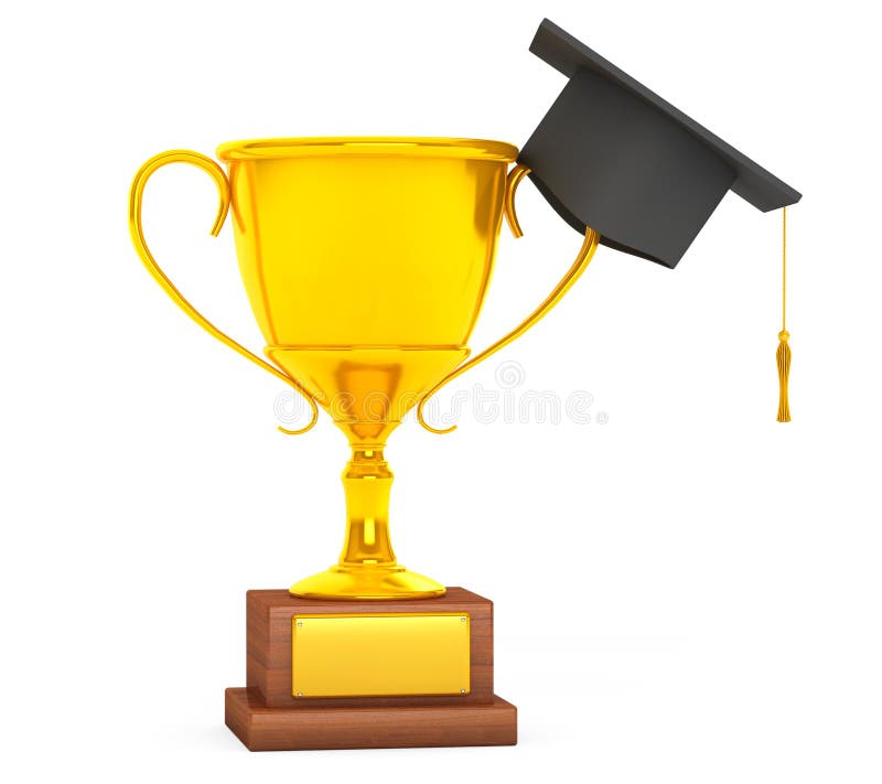Education Concept. Graduation Hat Over Golden Trophy. 3d Rendering ...