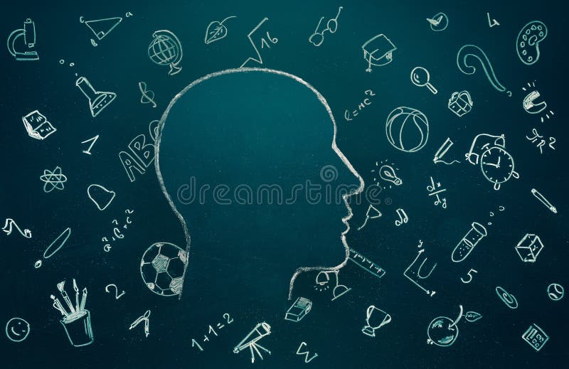 Education Concept. Human Head and Hand Drawn School Doodle Icons ...
