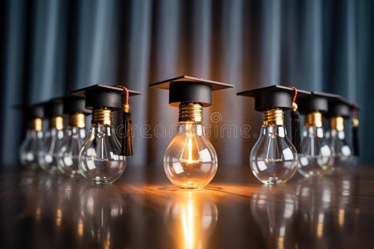Education Concept with Light Bulbs and Graduation Caps, Symbolizing ...