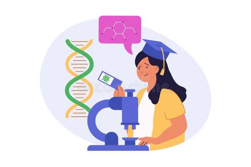 Education Concept in Modern Flat Design for Web. Woman Making Research with Microscope in Lab ...