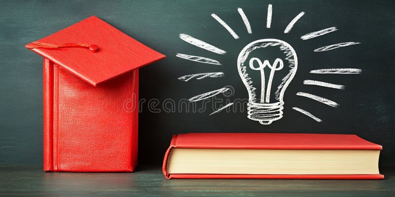 Education Concept Red Graduation Cap Book and Idea Lightbulb on ...