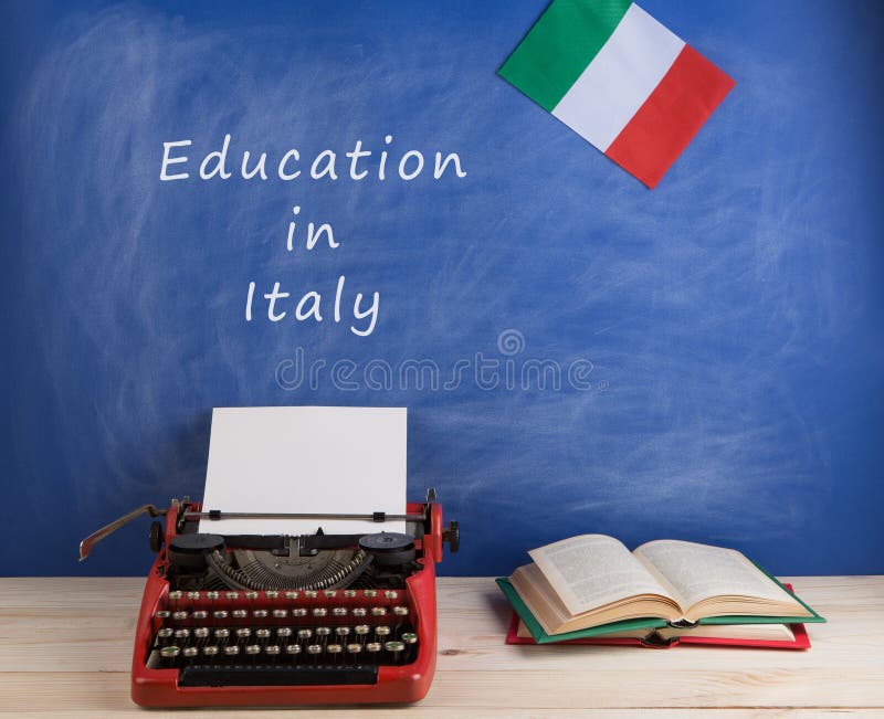 Education Concept - Typewriter, Flag of the Italy, Books and Blackboard ...