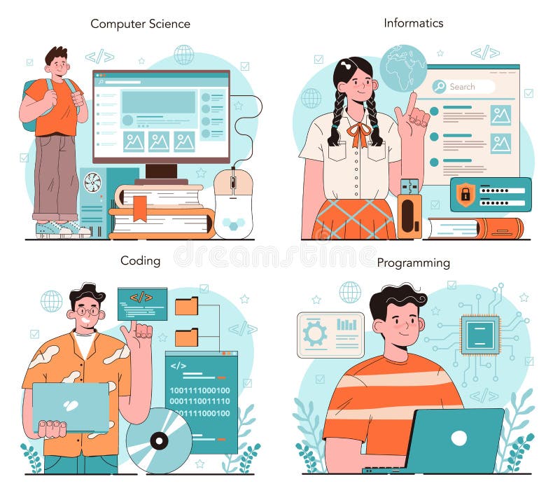 It Education Concept Set. Student Write Software and Create Code Stock ...