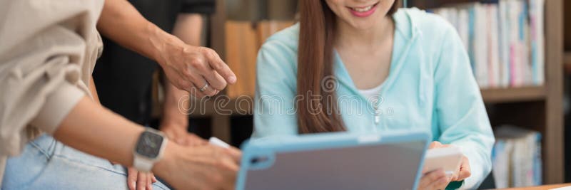 Education Concept, Students Pointing Quiz on Tablet and Use Calculator ...