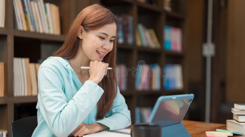 Education Concept, Teenage Girl Watching Video Math Tutorial of Tutor ...