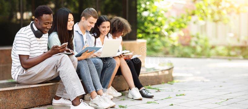 Education Concept. University Students Preparing for Exam Outdoors ...