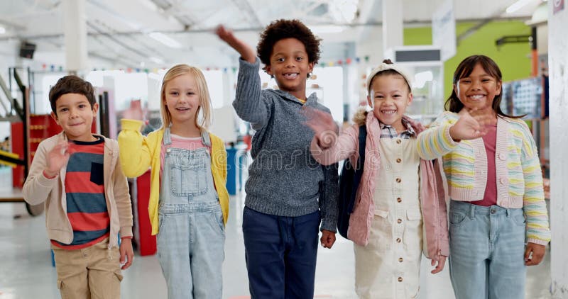 Education, Diversity and Children Wave with Friends in a Classroom ...