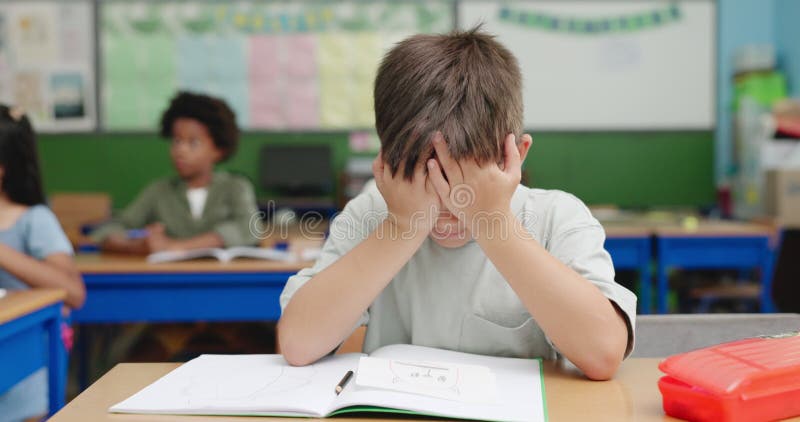 Boy, Headache and Child in School or Classroom, Burnout and Tired for ...
