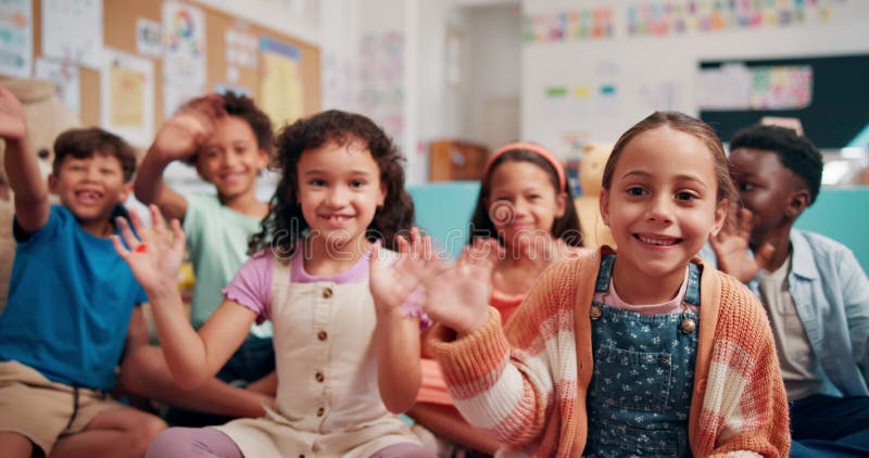 Education, Face and Wave with Group of Students in Classroom Together ...