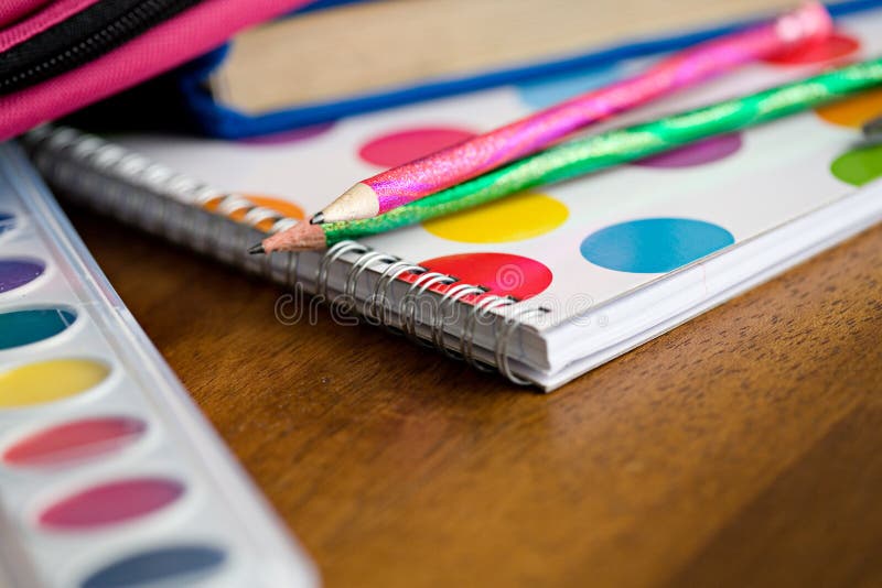Education: Focus on Pencils on Top of Notebook Stock Photo - Image of ...
