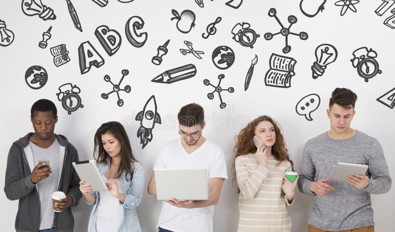 Group of Diverse Students Standing in Line Indoors, Studying Stock ...