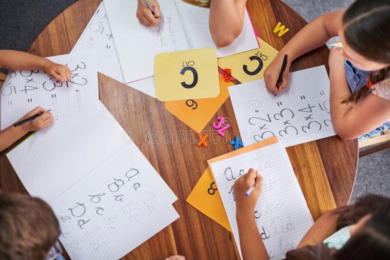 Education, Hands and Children Learning To Write in Group Activity in ...