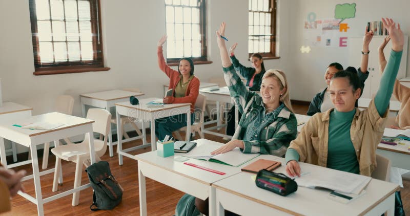 Education, Hands Up and Excited Children on Stairs for Knowledge ...