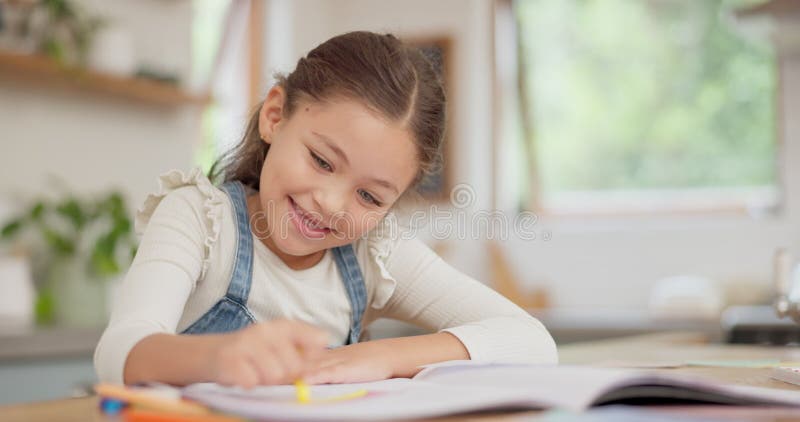 Education, Happy and Girl Doing Her Homework in the Kitchen for ...