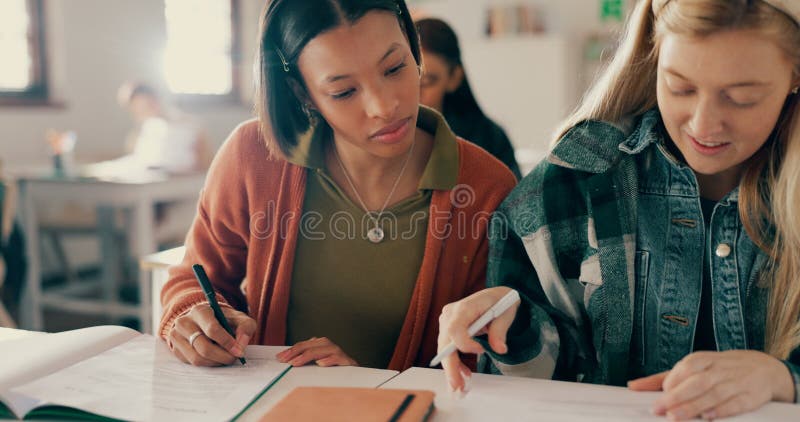 Education, Help and Friends Writing Notes in Classroom with Studying ...