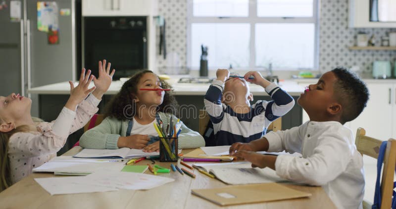 Education, Home School and Children Students Having Fun in Dining Room ...