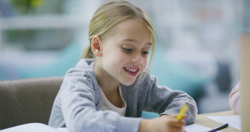 Education, Homeschool and Child at Table Writing in Book with Homework ...