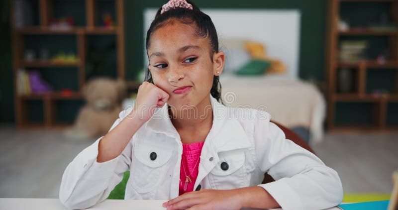 Education, Homework and Thinking with Student Girl in Home for Child ...