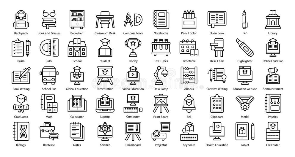 Education Icon Set: 50 Insightful Outline Vector Icons in Black (EPS ...