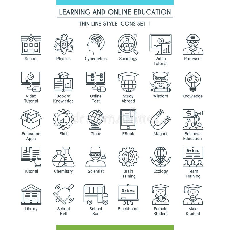 Education Icons Line Set 01 Stock Vector - Illustration of cybernetics ...