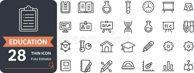 Education Icons Representing Learning and Science in a Thin Line Style ...