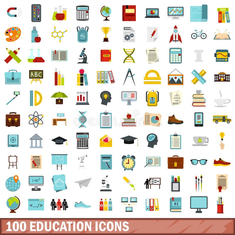 100 Education Icons Set, Flat Style Stock Vector - Illustration of ...