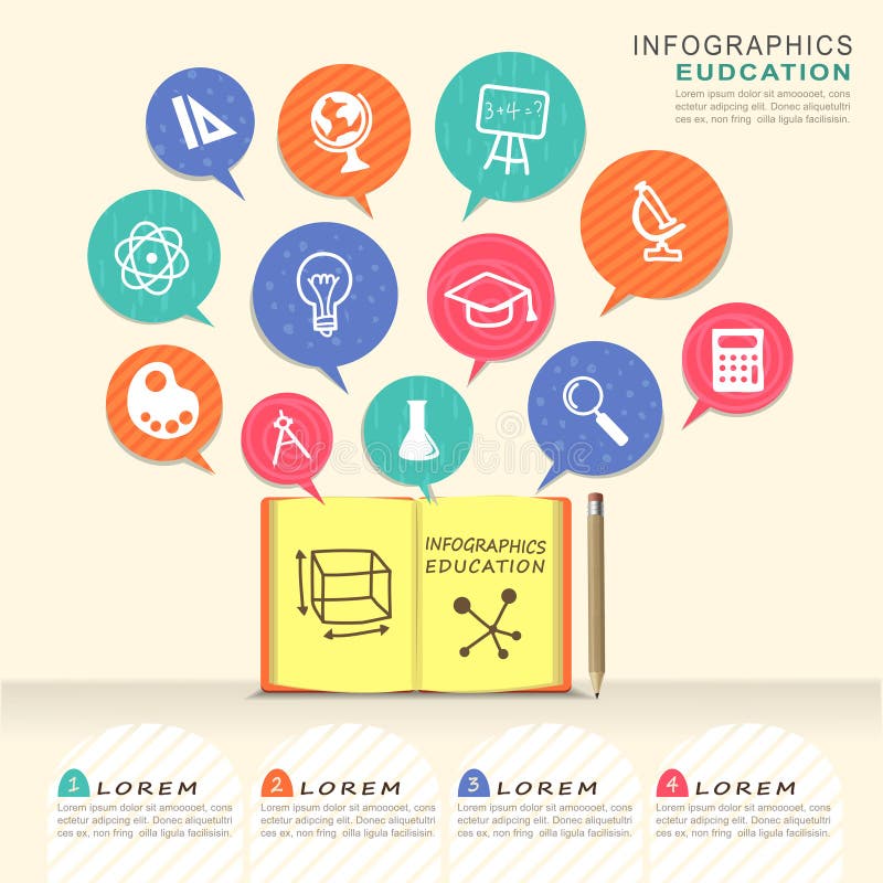 Education Infographic Design Elements with Book and Speech Bubble Stock ...
