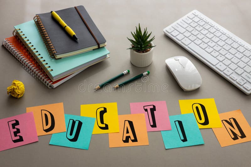 Education, Inscription on Colored Sticky Notes on a Gray Desk among ...