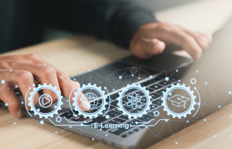 Education Internet Technology. Person Who Attends Online Lessons on a ...