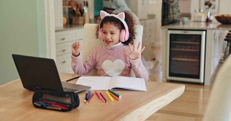 Education, Kid or Laptop at Table for Class, Online Maths Lesson or ...