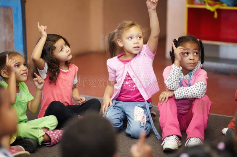 Education, Kindergarten and Kids Asking a Question with Hands Raised ...