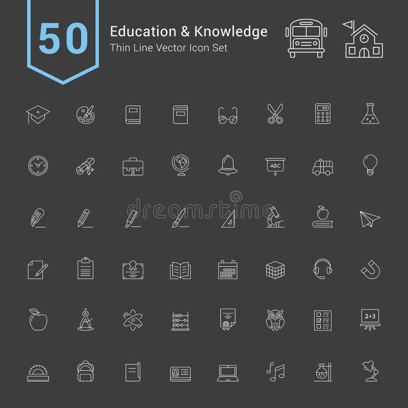 Education and Knowledge Icon Set. 50 Thin Line Vector Icons. Stock ...