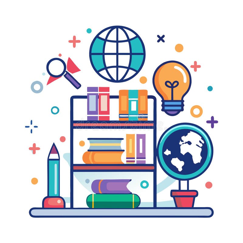 Education, Knowledge and Learning Concept with Globe, Books, Pencil and Light Bulb Stock Vector ...