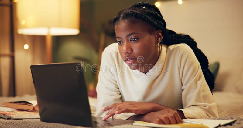 Education, Laptop and Night with Black Woman on Bed in Home for ...