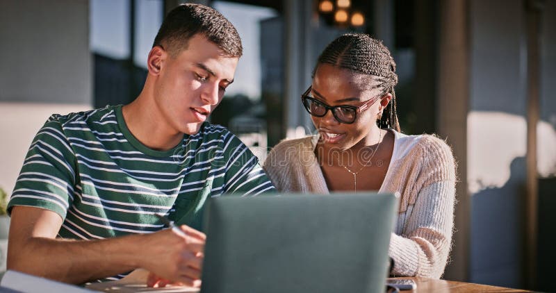 Education, Laptop and Reading with Student Friends on Campus Together ...