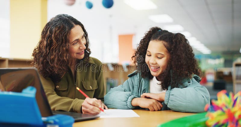 Education, Laptop or Writing with Student and Teacher in Library of ...
