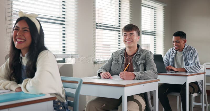 Education, Laughing and Student at Desk of Classroom in School for ...